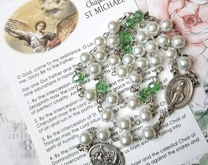 ST MICHAEL the ARCHANGEL Chaplet Pearlized Dove-white Glass Beads, Silver Components, With ...