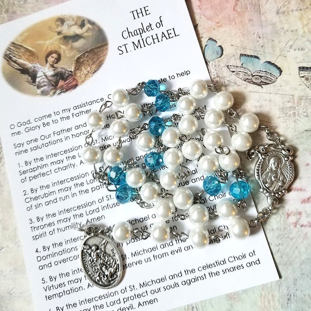 ST MICHAEL the ARCHANGEL Chaplet - Pearlized Linen White Glass Beads, Silver Components, With ...