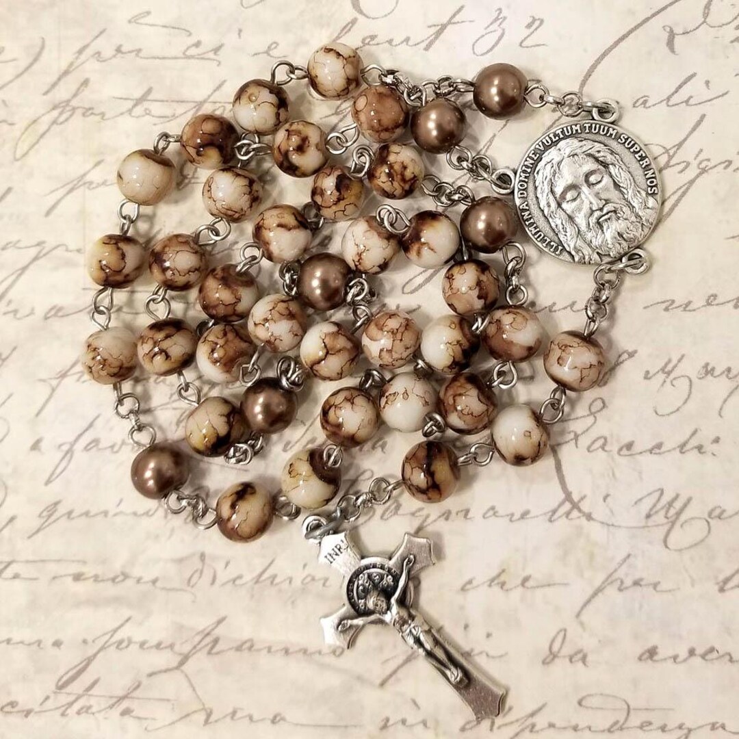 HOLY FACE of JESUS Chaplet - Catholic, Marbled Brown Glass Beads ...