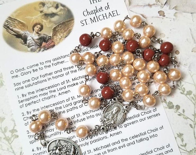 ST MICHAEL the ARCHANGEL Chaplet Pearlized Champagne Glass Beads, Silver Components, With ...