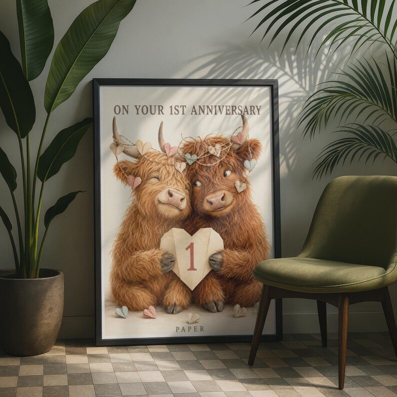 Highland Cow Anniversary Print | Paper Gift for Couples, Whimsical Wall ...