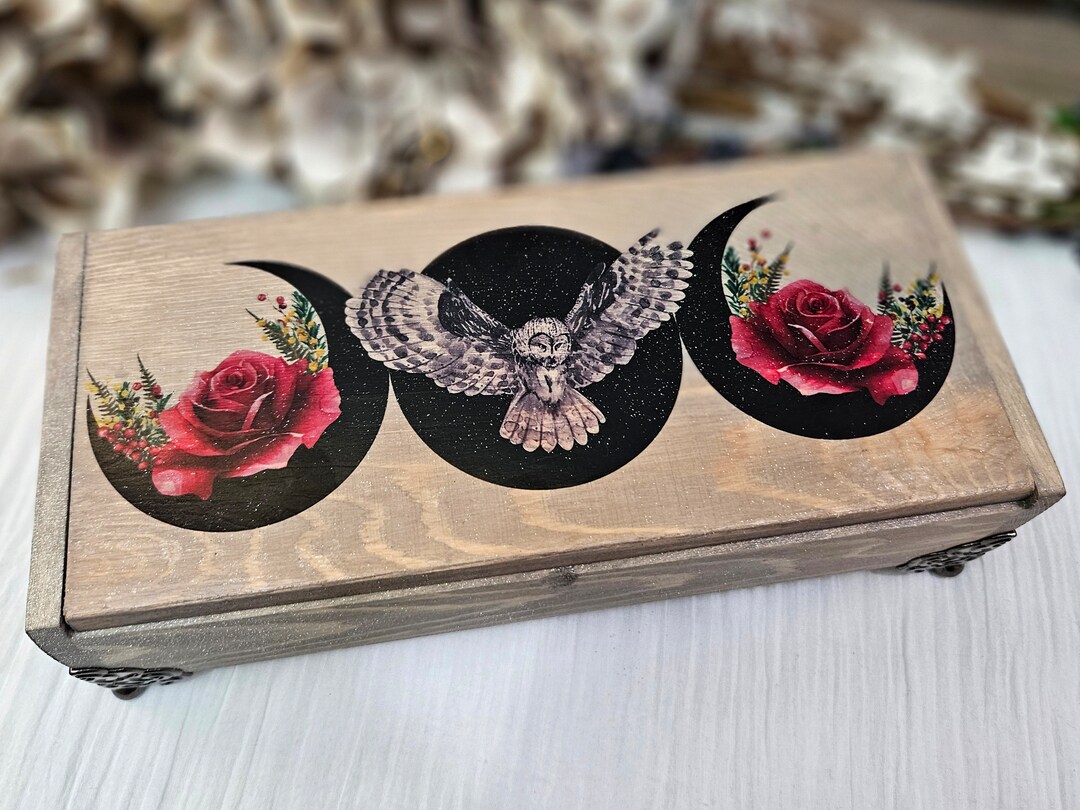 Manifestation Wish Box With Owl, Rose and Triple Moon Design Grey Altar ...