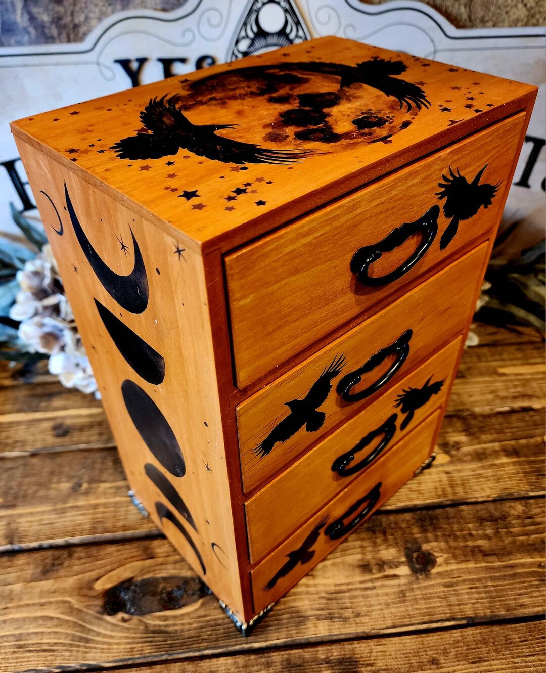 Altar Cabinet Tarot Card Cabinet Raven and Full Moon Design Altar Chest ...