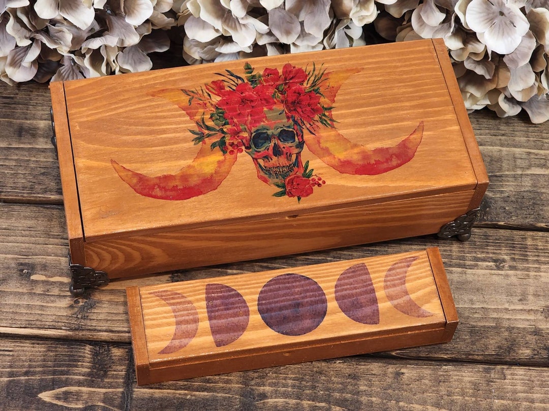 Manifestation Wish Box With Watercolor Skull, Flowers and Crescent Moon ...