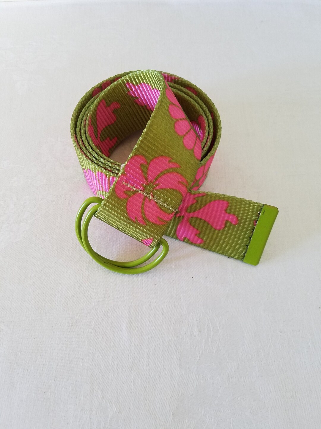 Vintage Super Groovy Pink and Green Mod Nylon Web Belt With Double-ring ...