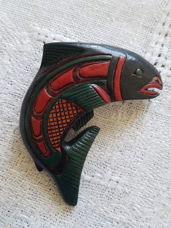 Hand-carved Salmon Fish Pin Brooch by Canadian Artisa… - Gem