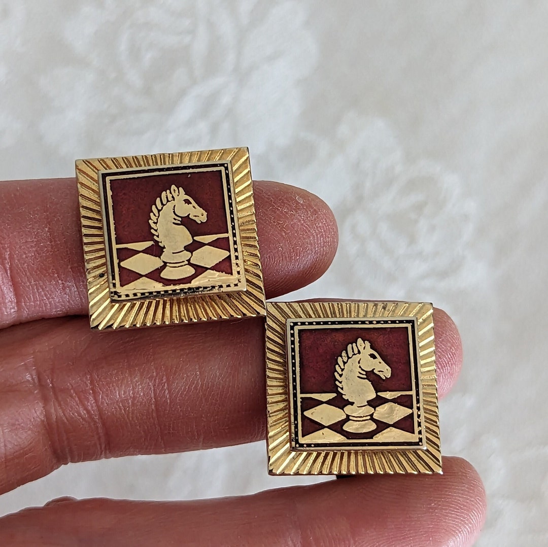 Vintage Gold-tone Red Enamel Chess Knight Clip-on Earrings -- One of a ...