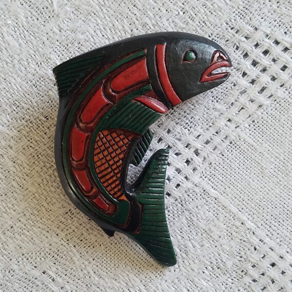 Hand-carved Salmon Fish Pin Brooch by Canadian Artisa… - Gem