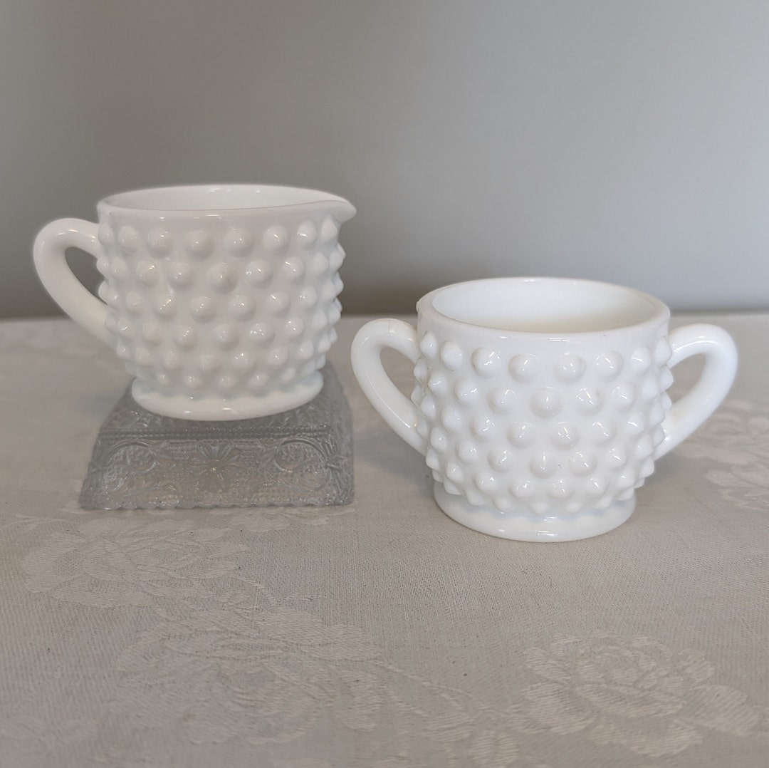 Vintage Miniature Milk Glass Creamer and Sugar Bowl, Fenton Hobnail ...