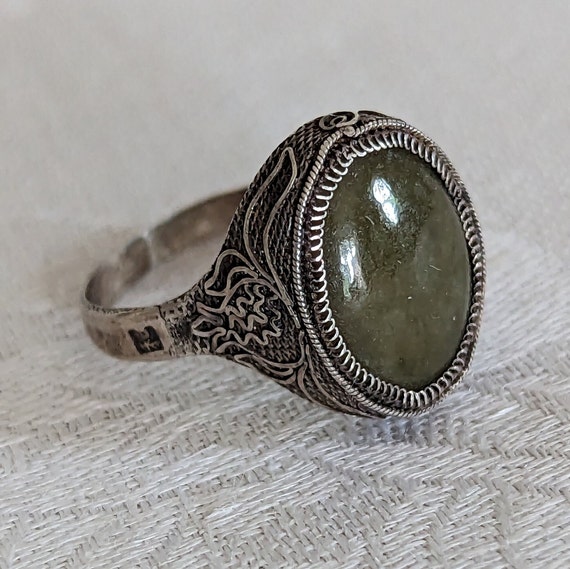 Vintage to Antique Chinese Export Jade and Silver Ring - Gem