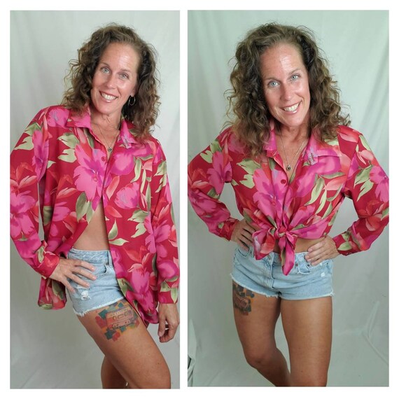 Susan Graver Vintage Floral Tropical Resort Button Up… Gem