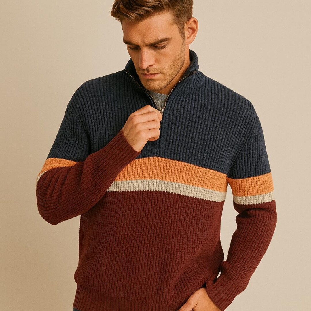 Goodfellow Colorblock Half Zip Sweater Men’s Large Maroon Navy Striped ...