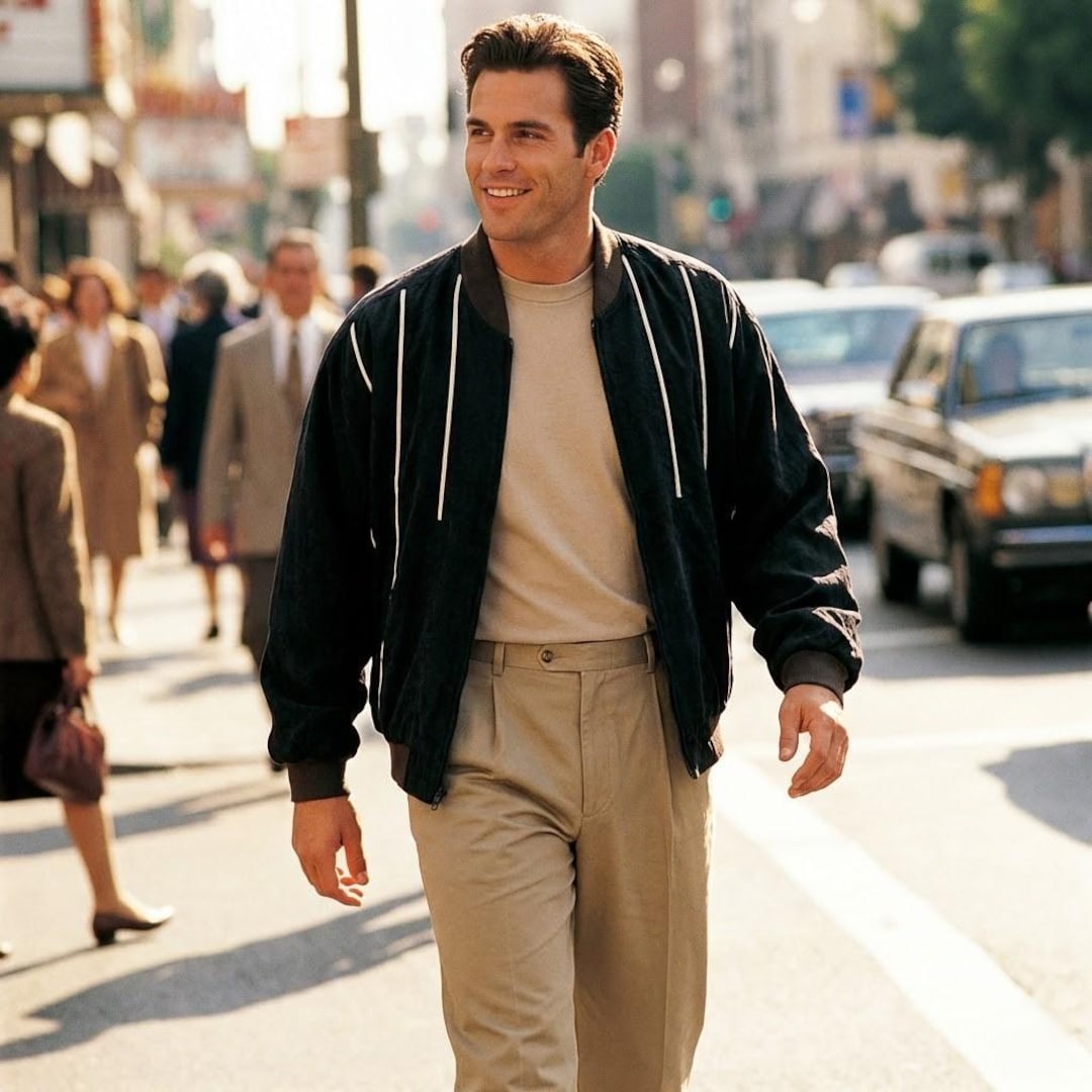 Genelli Mens L Bomber Jacket Black Silk White Stripe Zip Vintage 80s ...