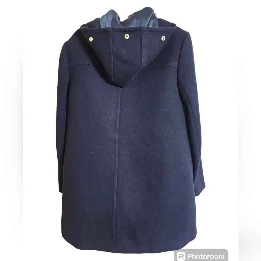 J.crew Navy Wool Blend Hooded Coat Womens 12 Zip Button 4 Pocket Lined ...