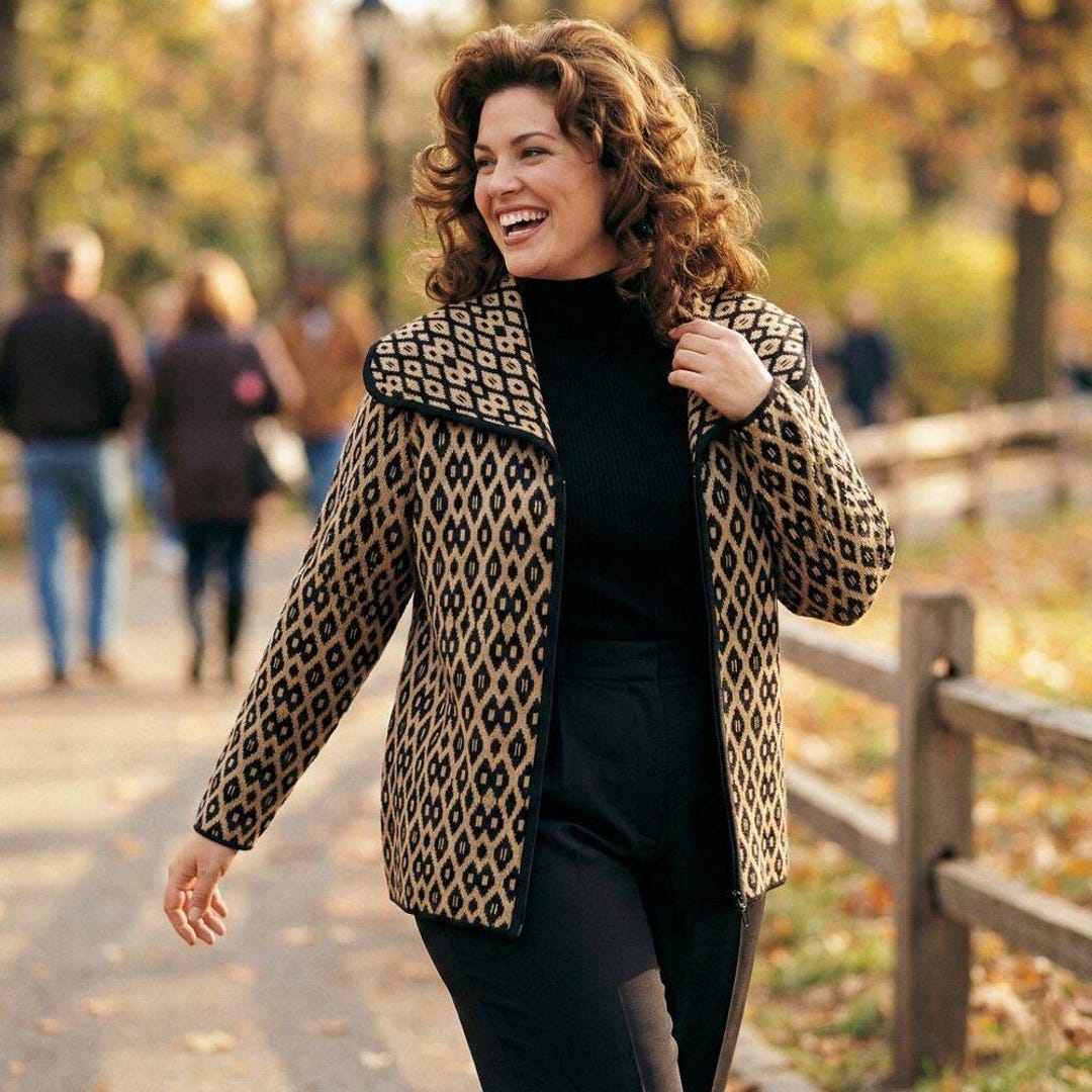 Cato Geometric Zip Front Knit Jacket Black Tan Ikat Pattern 18/20W ...
