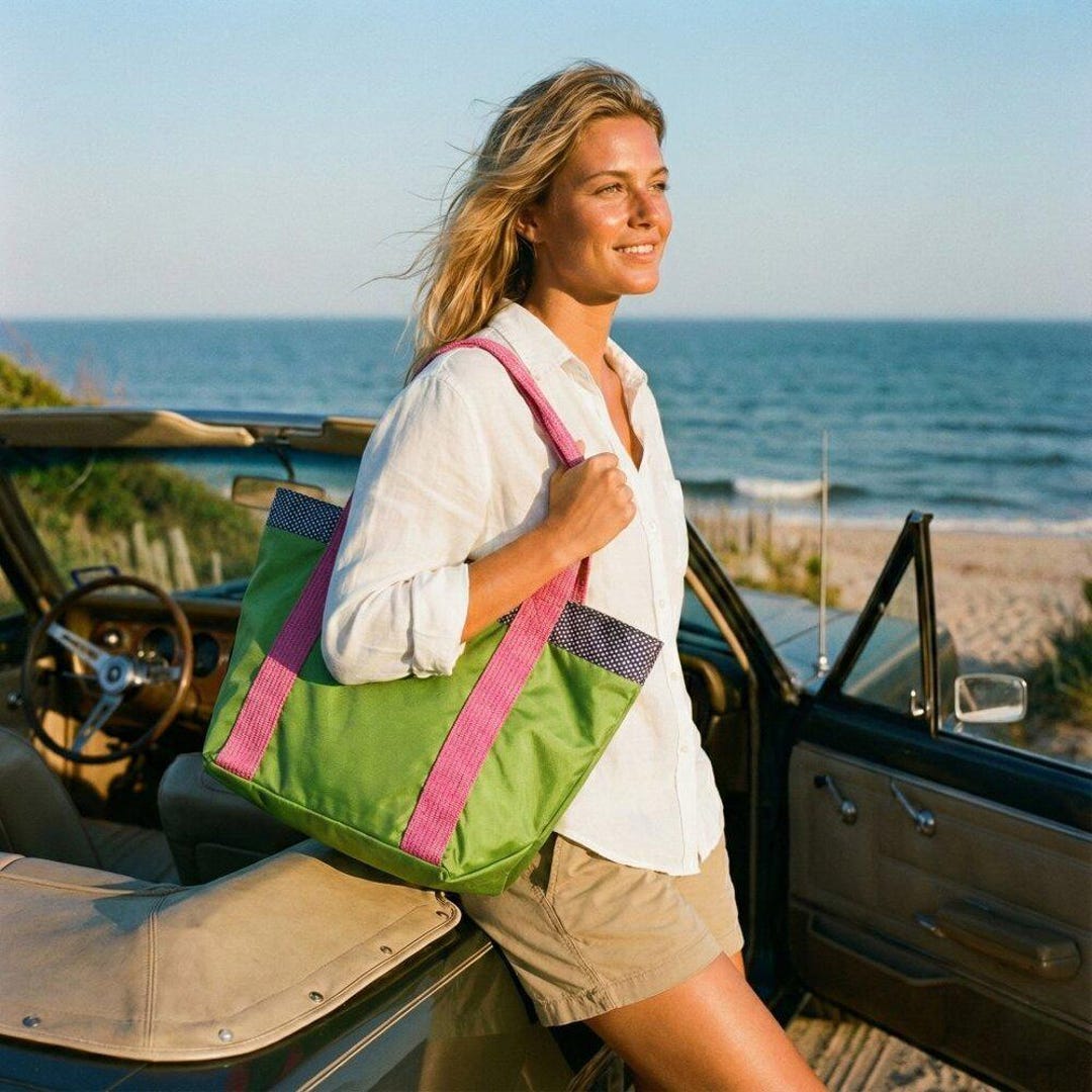 Joe Boxer Green Nylon Tote Bag Pink Straps Polka Dot Lining Zip Pocket ...