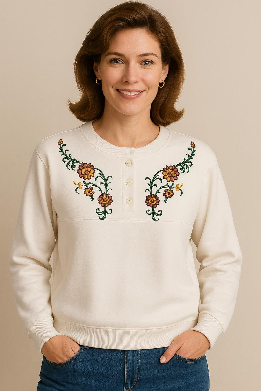 Vintage Bonworth Womens XL White Floral Embroidered Fleece Sweater ...