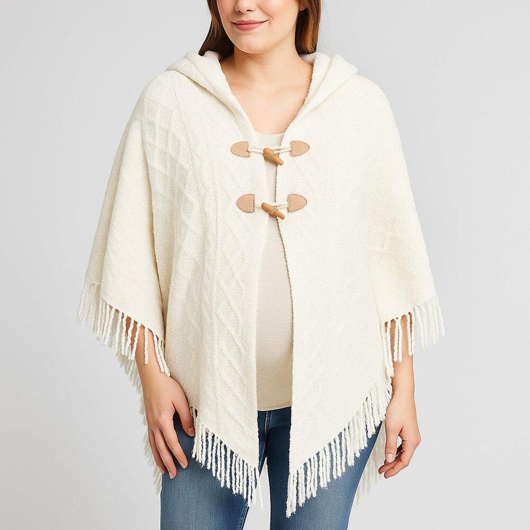 Mixit Cream Hooded Knit Poncho One Size Fringe Toggle Cozy Cape Boho ...