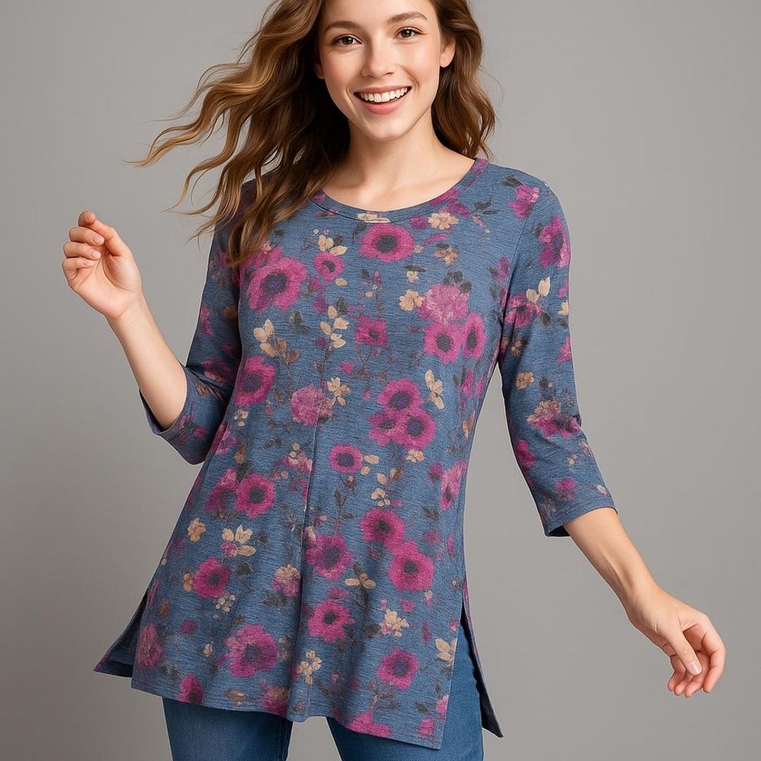 My Amelia James S Blue Floral Tunic Top 3/4 Sleeve Stretch Soft Knit ...