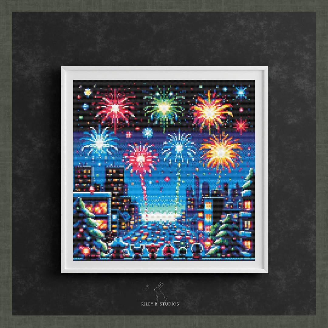 New Year's Eve Fireworks Digital Cross Stitch Pattern Pixel Art Style ...