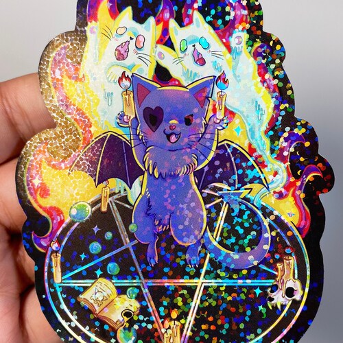 Summoning Demons Witch Cat Holographic Sparkle Vinyl Sticker - Etsy UK