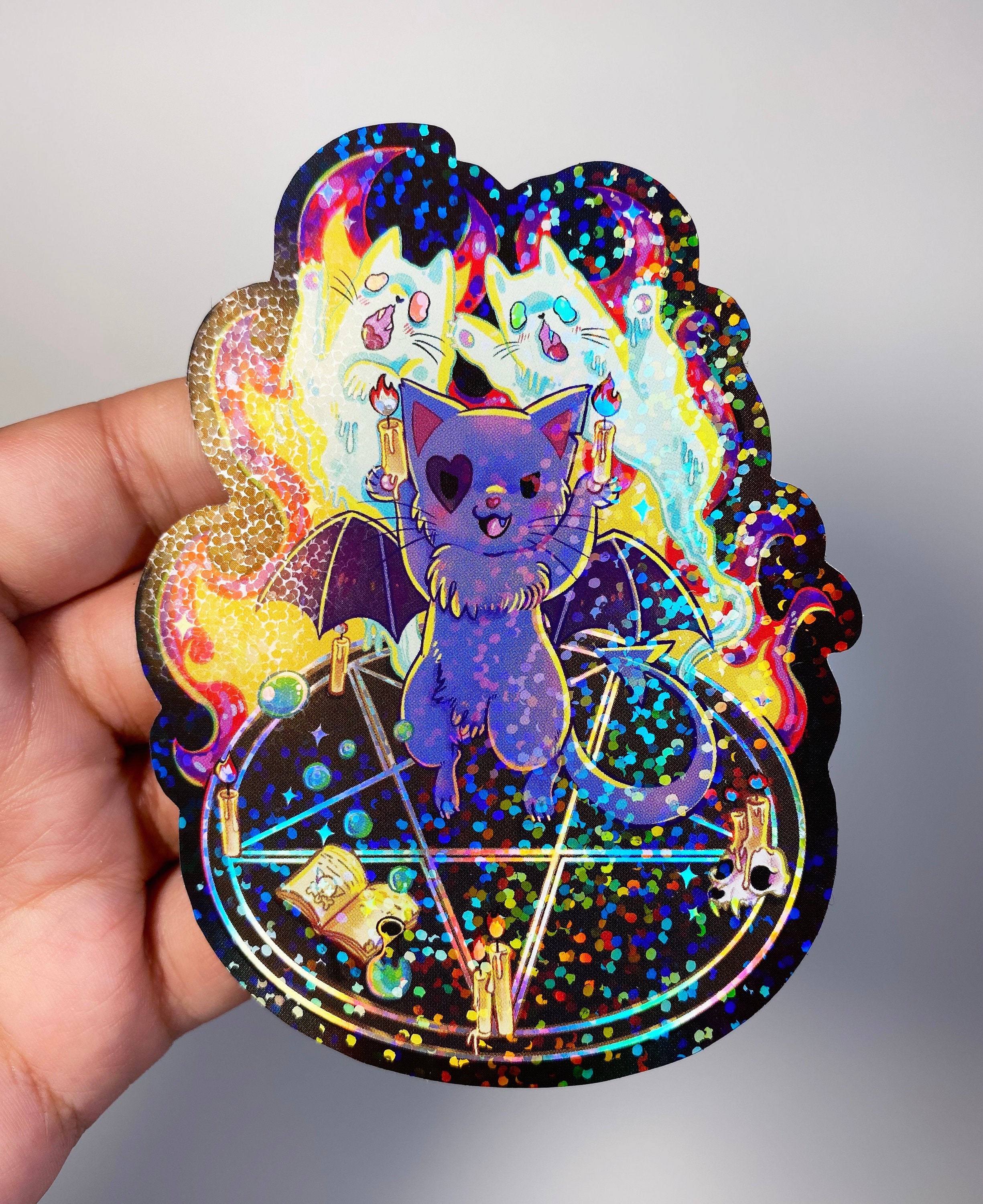 Summoning Demons Witch Cat Holographic Sparkle Vinyl Sticker - Etsy UK