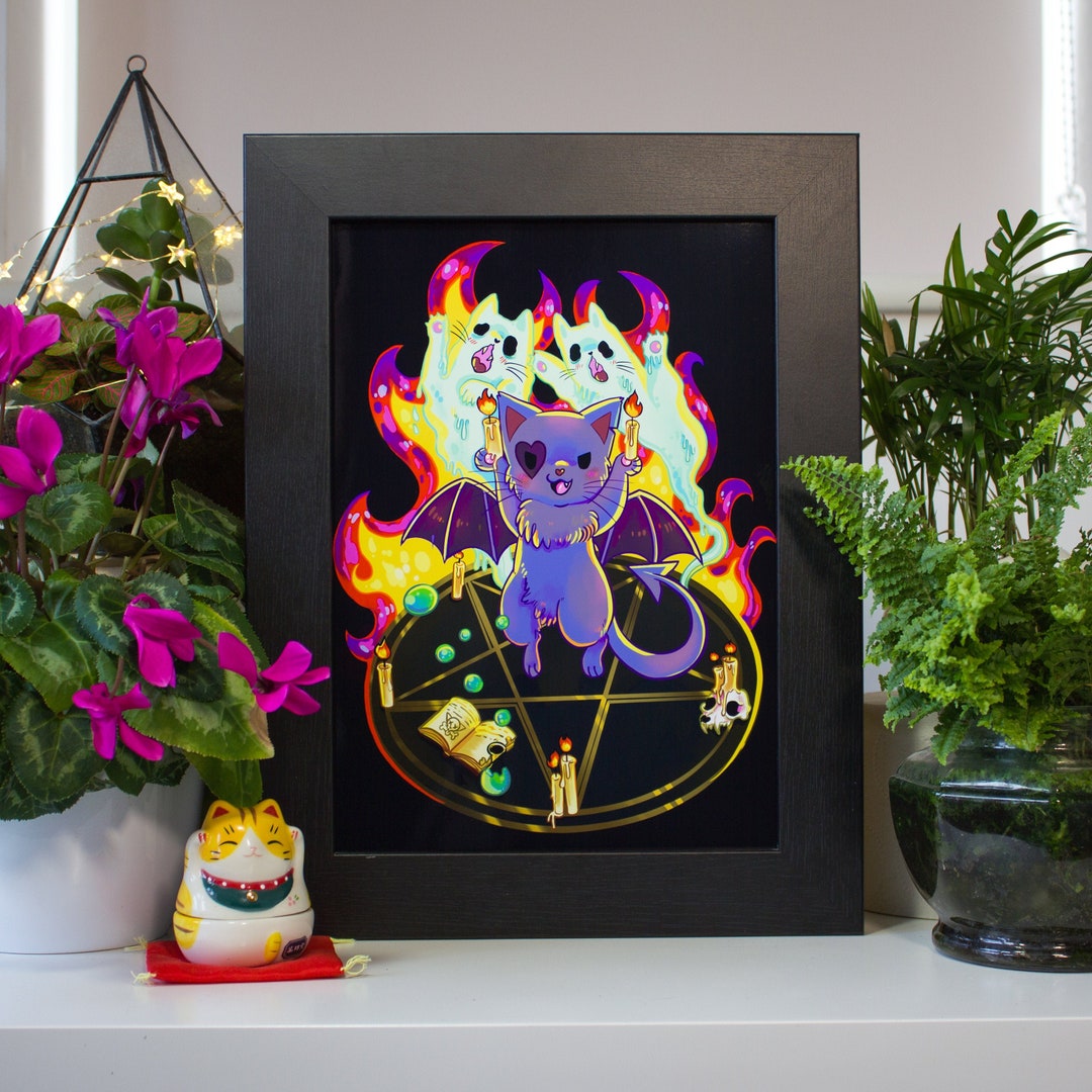 Summoning Demon Witch Cat Ritual Cute Print Animal Wall Art ...