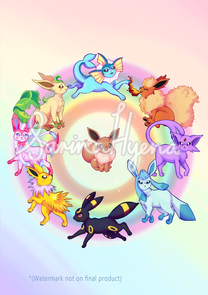 Eeveelutions Pokemon Wall Art Illustration Eevee Sylveon | Etsy