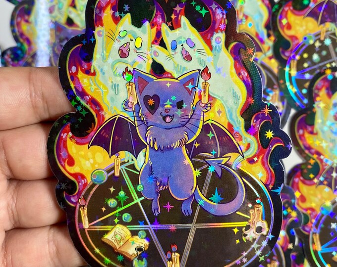Summoning Demons Witch Cat Holographic Sparkle Vinyl Sticker - Etsy UK