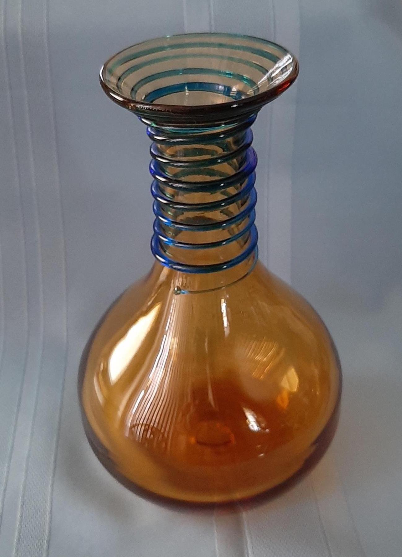 Vintage BLENKO ART GLASS Amber Beaker Vase With Applied Cobalt Blue ...
