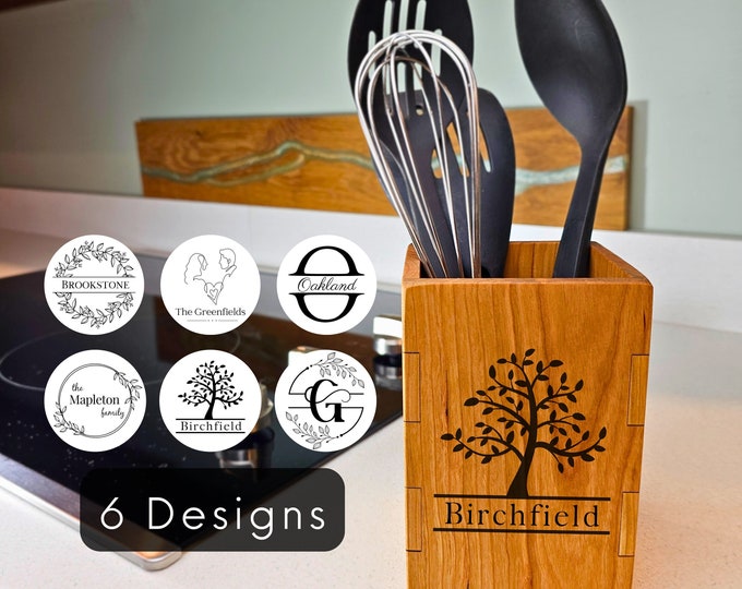 Personalized Cherry Wood Utensil Crock: Engraved Kitchen Organizer - Etsy