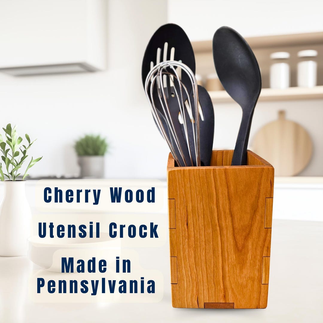 Cherry Wood Utensil Holder, Custom Engraved Organizer, Handmade Kitchen ...