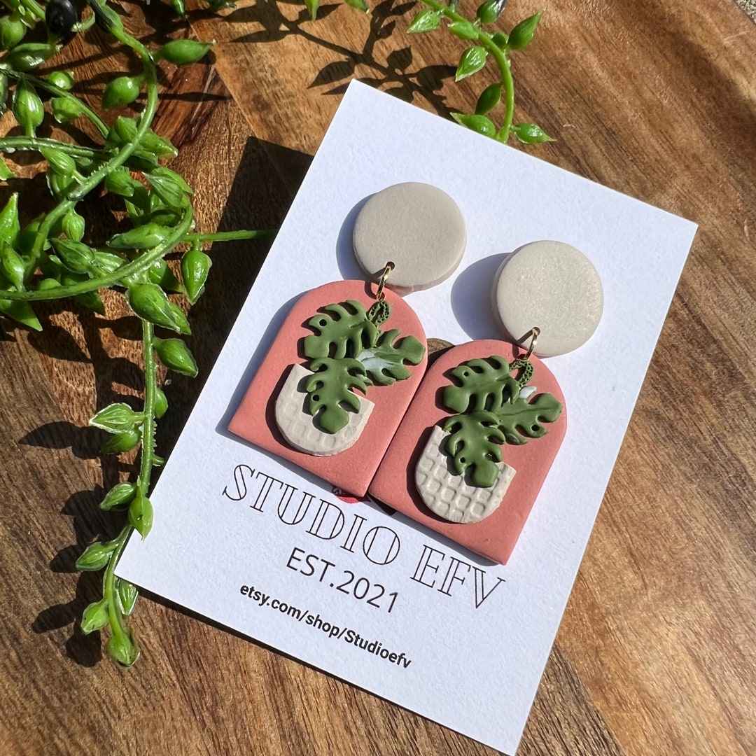 Monstera Plant Earrings: Handmade Polymer Clay, Stainless Steel Posts ...