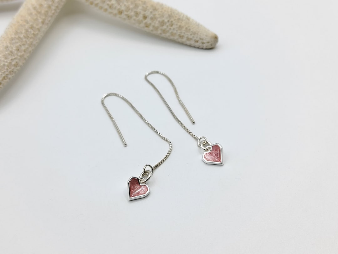Tiny Pink Heart Ear Threaders in Sterling Silver, Dainty Chain Earrings ...
