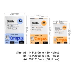 KOKUYO Loose Leaf Paper,campus A5 B5 A4 Refill Paper,20 26 30 Holes ...