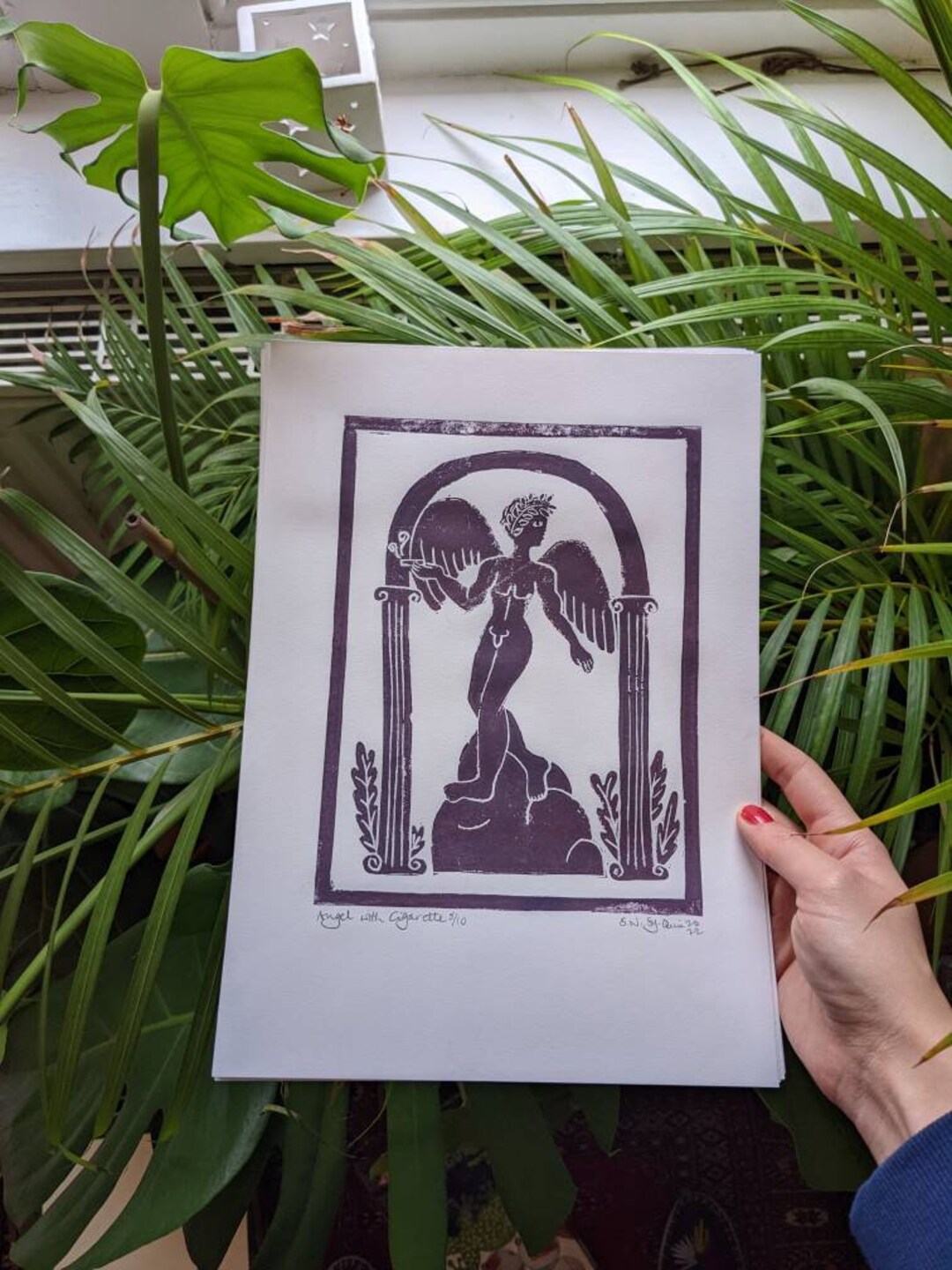 Angel With Cigarette Linocut Print - Etsy