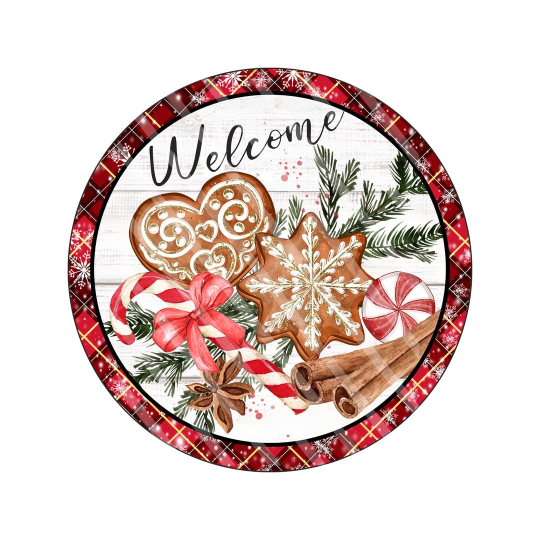 Gingerbread Welcome Christmas Wreath Sign – Rustic Holiday Door Decor ...