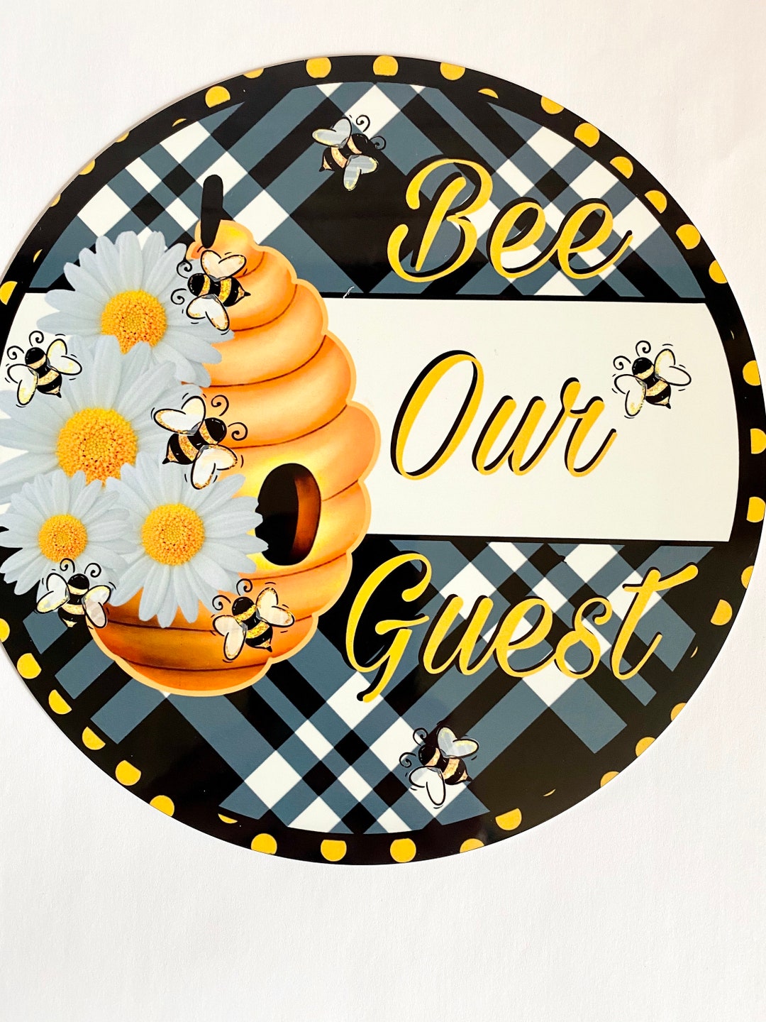 Bee Our Guest Wreath Sign – Round Aluminum Bee Hive Farmhouse Door ...