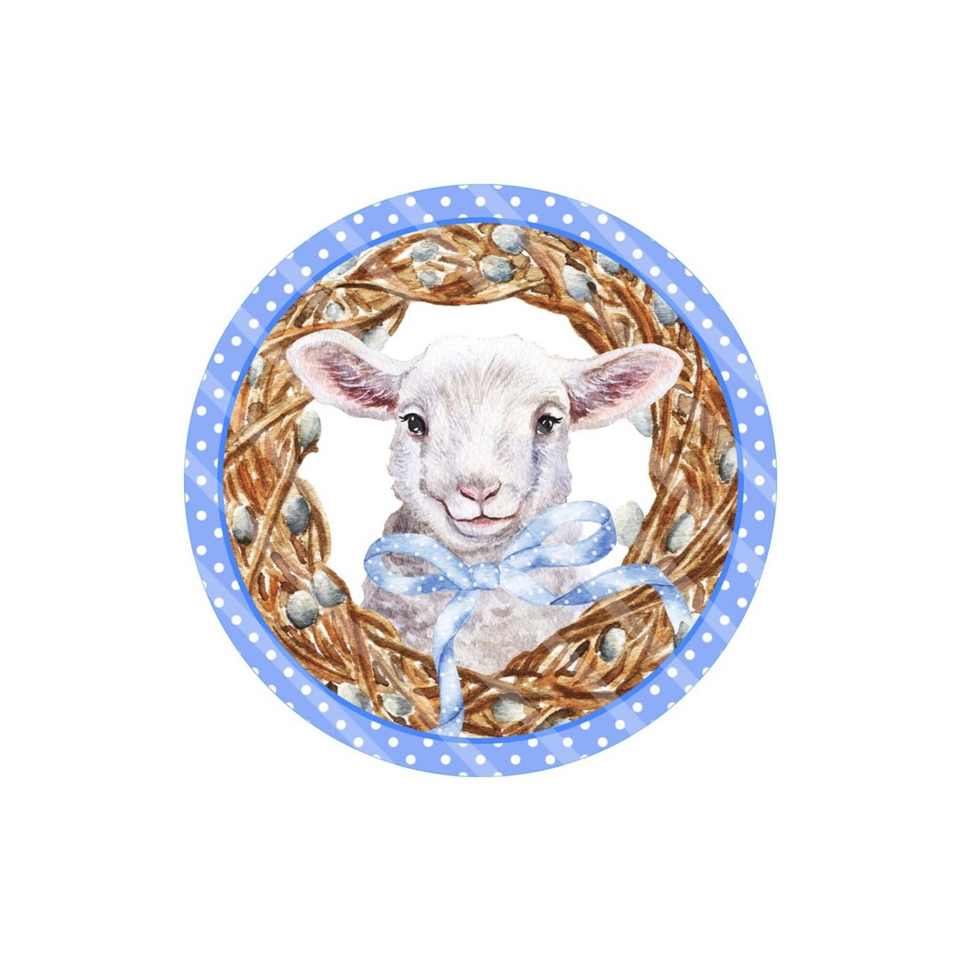 Easter Lamb Round Wreath Sign – Rustic Blue Ribbon Farmhouse Spring ...