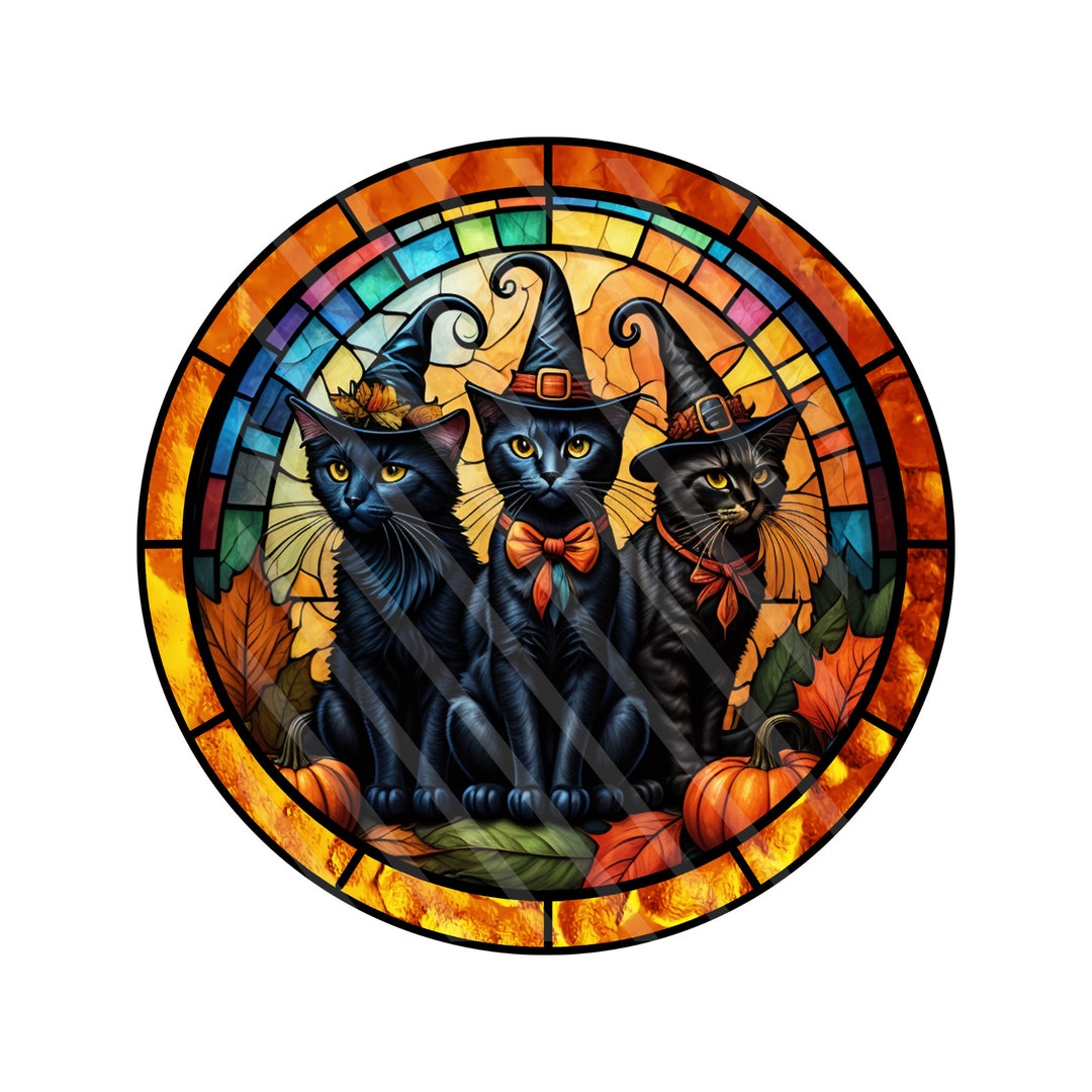 Round Halloween Sign for Wreaths, Black Cats in Witches Hats, Faux ...