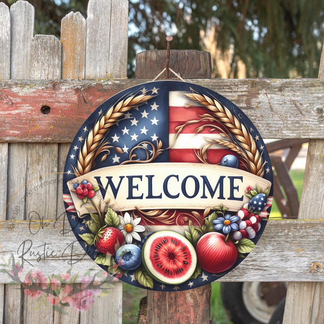 Patriotic Welcome Round Aluminum Wreath Sign | Rustic Americana ...