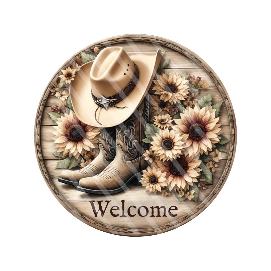 Western Welcome Wreath Sign: Floral Boots and Hat, Rustic Decor - Etsy