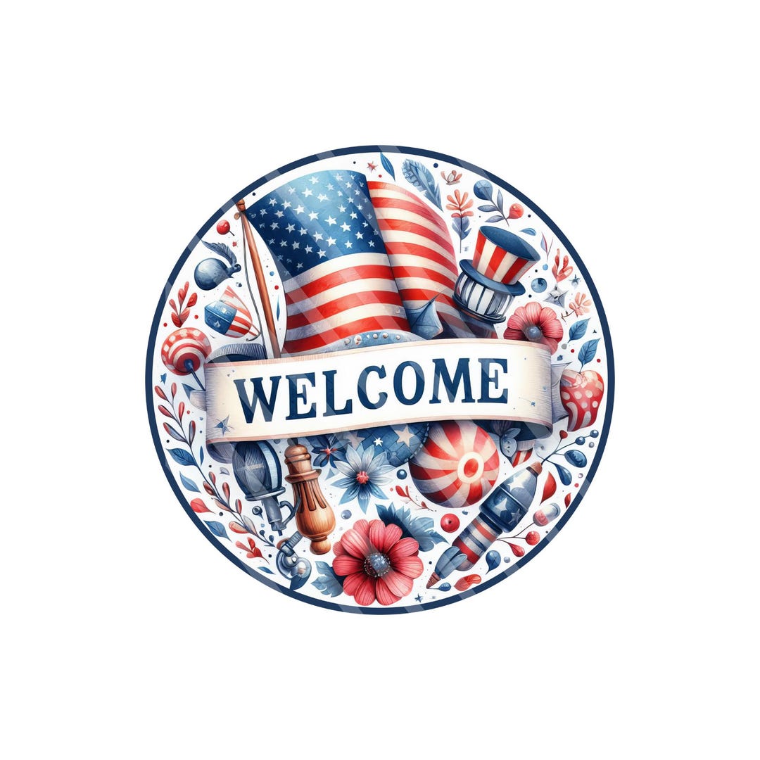 Welcome American Flag Round Wreath Sign, Patriotic Wreath Signs, Rustic ...