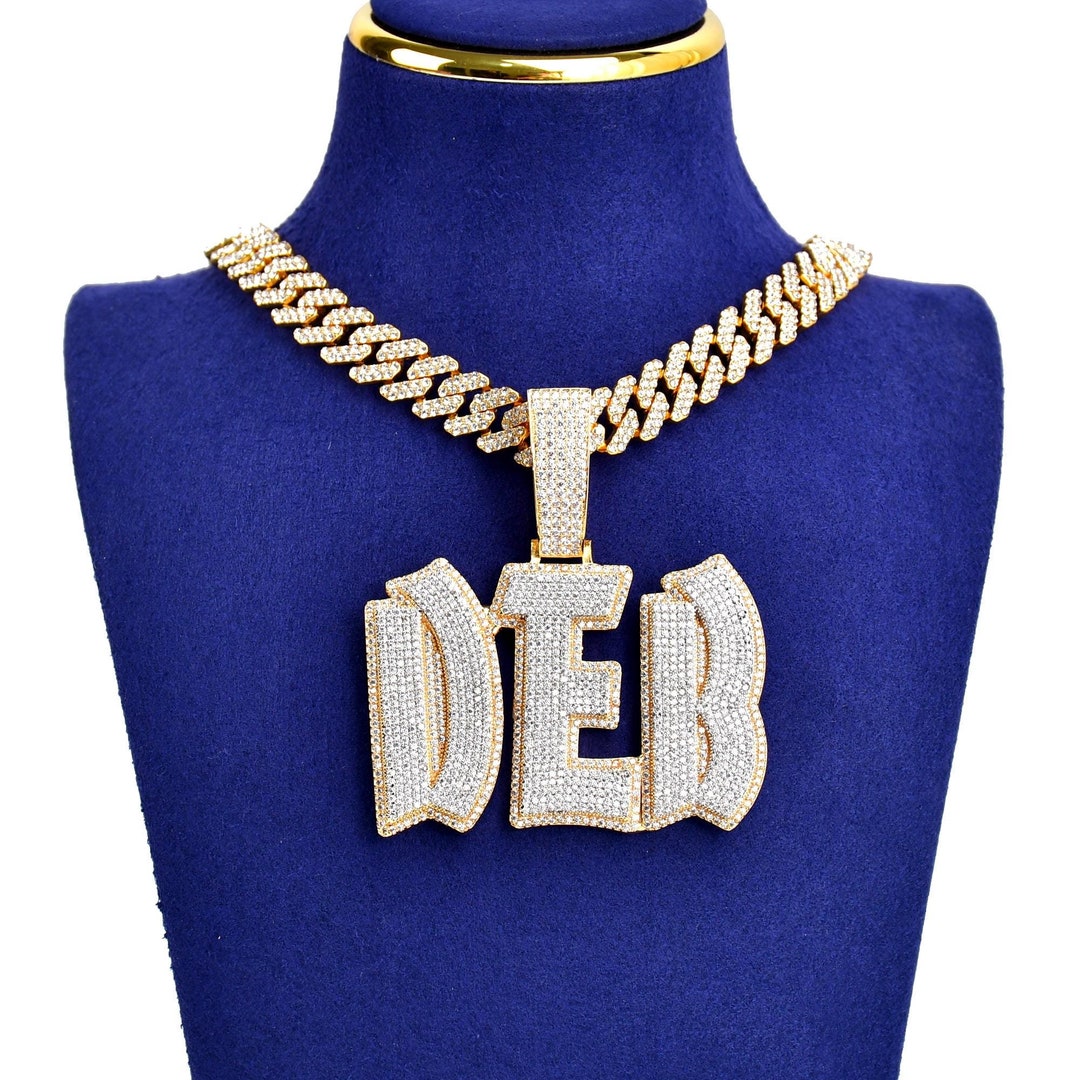 Iced Out Personalised Big Name Pendant With 12mm Cuban Link Chain ...