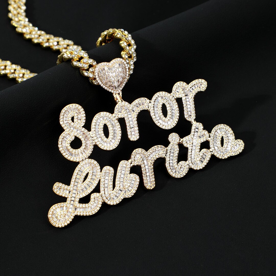 Custom Sorority Name Plate Necklace, CZ Diamond Soror Name Pendant With ...