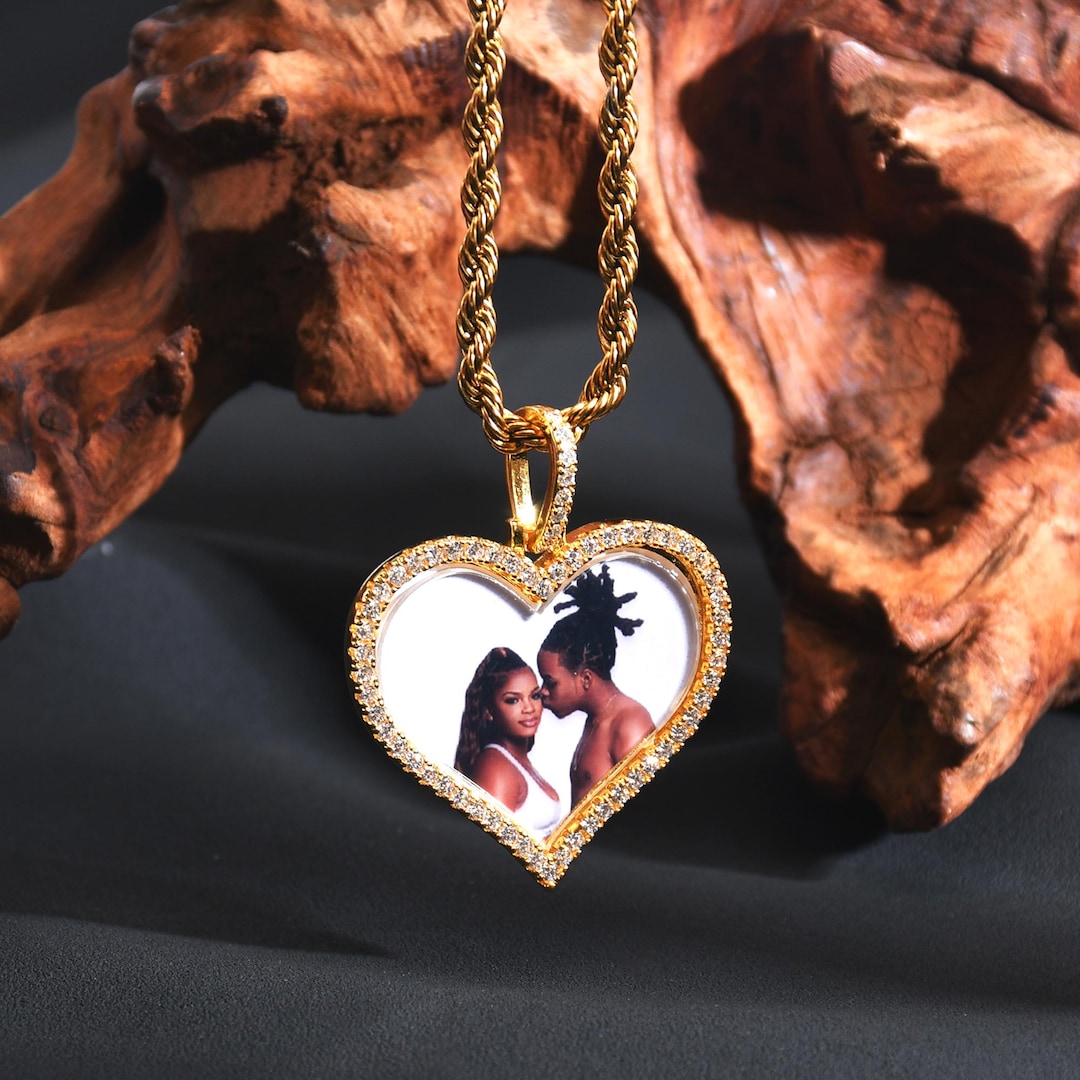Personalized Iced Out Photo Heart Necklace, Custom Photo Pendant, Heart ...