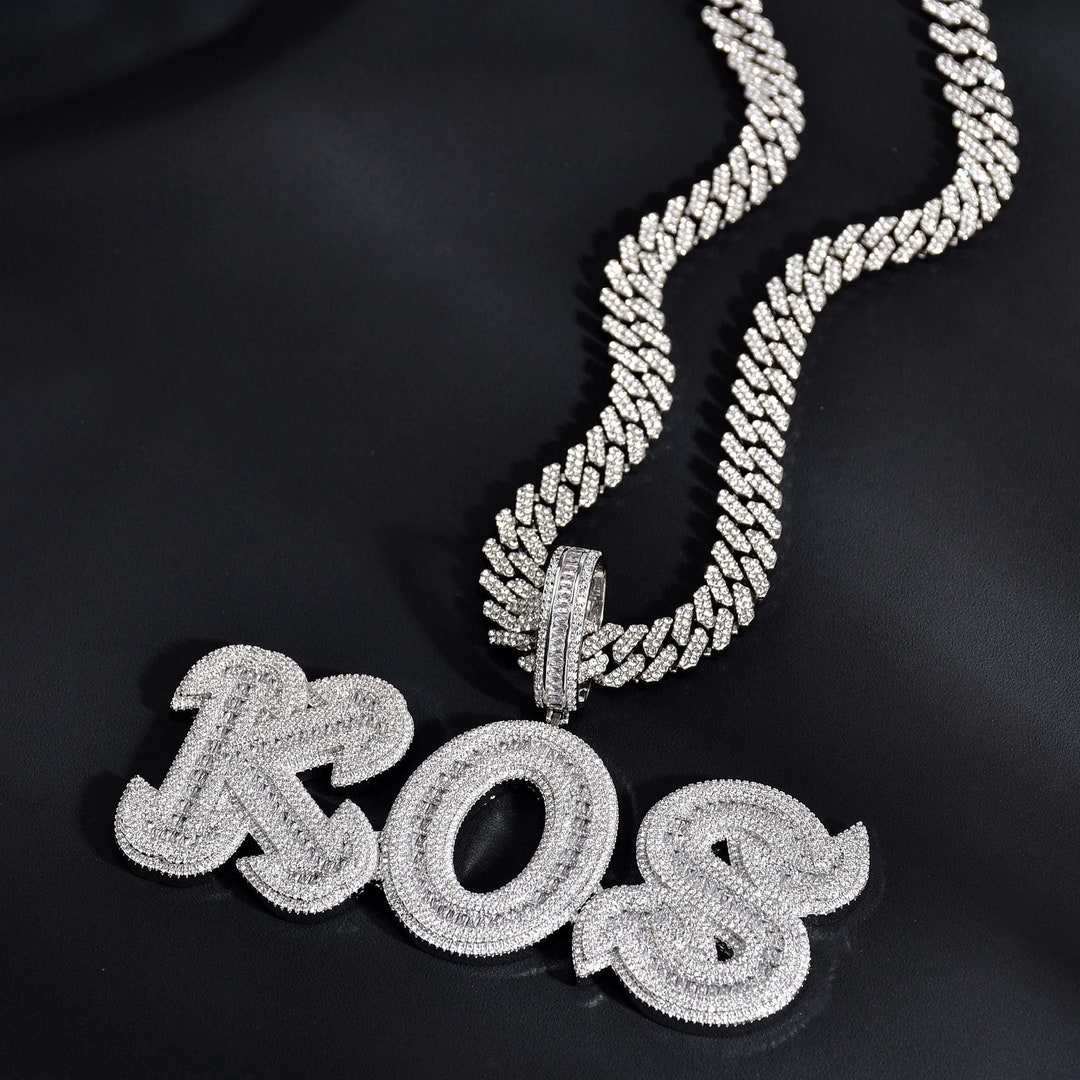 Custom Gothic Baguette Letter Necklace: Iced Out Cubic Zircon Pendant ...