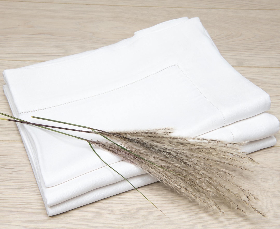 100 % Linen Hemstitched Tablecloth, White Linen, Softened Fabric ...
