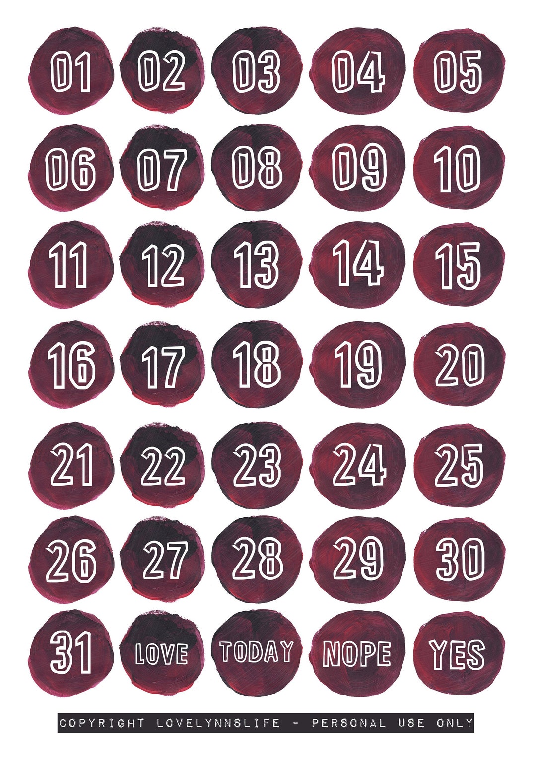 Printable Dark Red Paint Date Circles // Abstract Art // Planner Dates ...