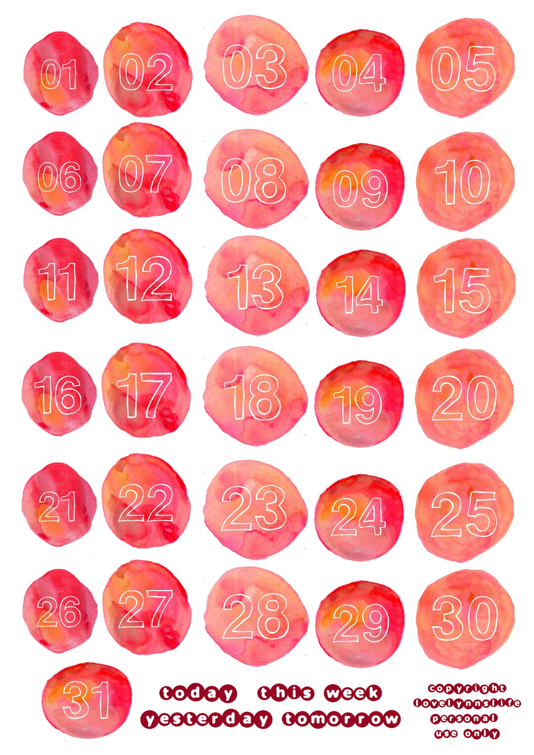 Printable Collage Sheet Red Watercolor Numbers // Collage - Etsy